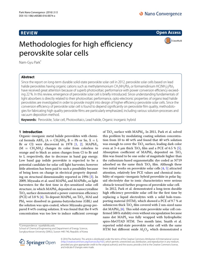 Review - Methodologies For High Efficiency Perovskite Solar Cells | PDF