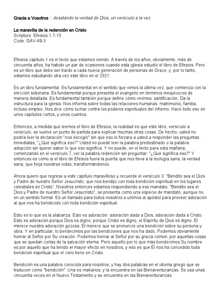 C Efesios 1 - 7 - 10 La Maravilla de La Redención en Cristo | PDF | Cristo (título) | Salvación