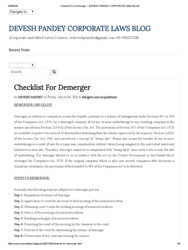 Checklist For Demerger DEVESH PANDEY COR | PDF | Corporate Law | Stocks Checklist For Demerger DEVESH PANDEY COR | PDF | Corporate Law | Stocks