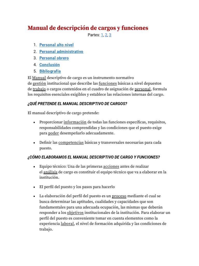 Manual de Descripción de Cargos y Funciones MONOGRAFIA | PDF | Planificación | Presupuesto