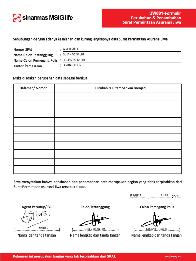 UW001 - Formulir Perubahan Dan Penambahan SPAJ | PDF UW001 - Formulir Perubahan Dan Penambahan SPAJ | PDF