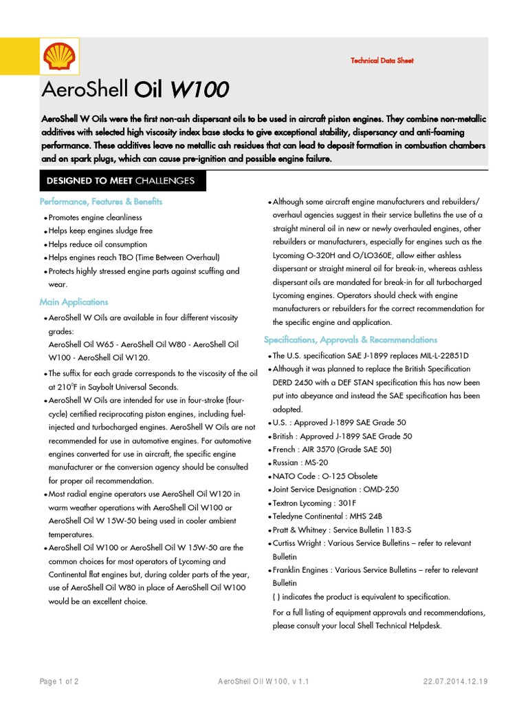 Aeroshell Oil W100: Performance, Features & Benefits | PDF | Engines ...