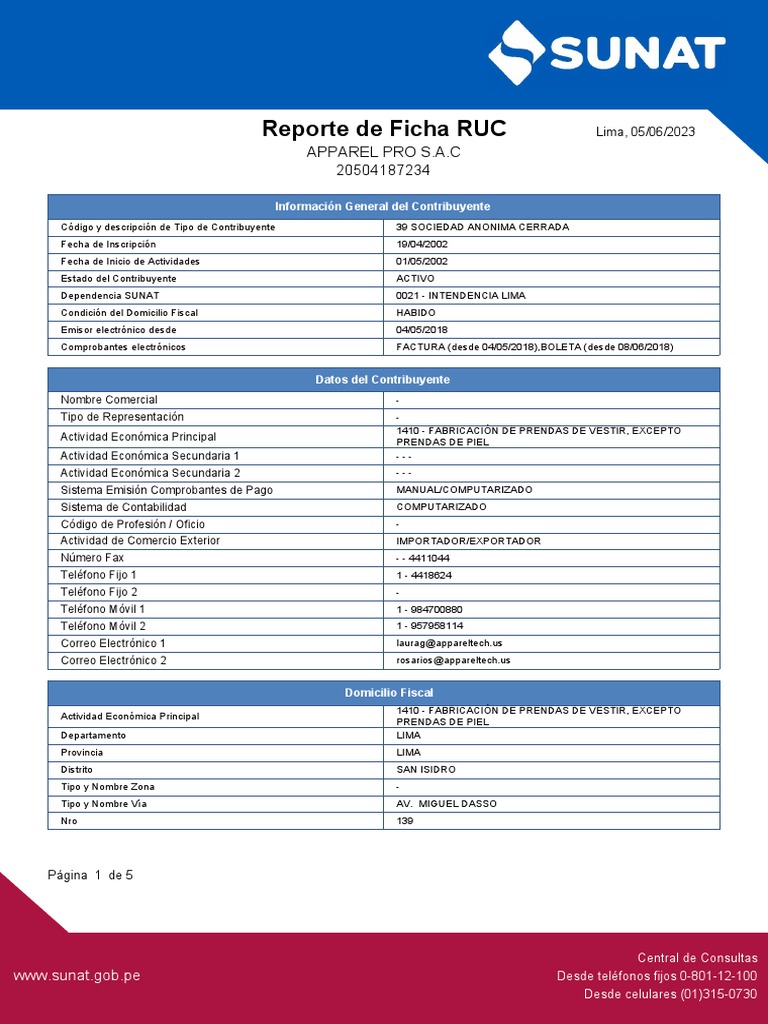 Ficha Ruc Apparel Sac | PDF | Industrias de servicio | Economias