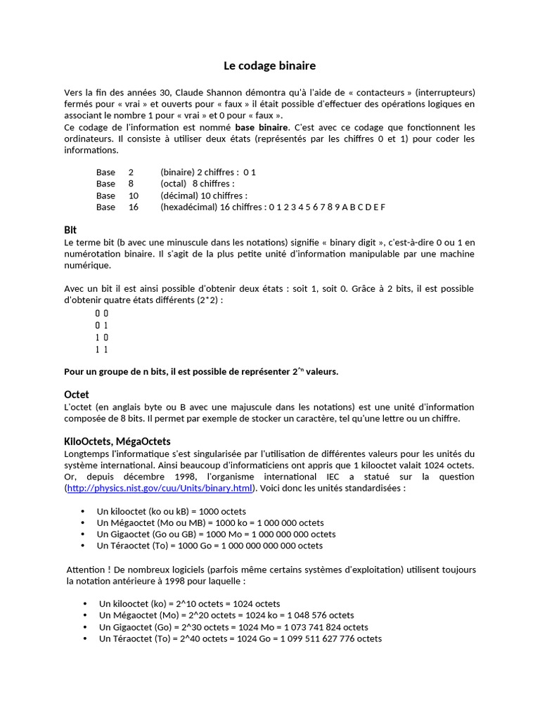 Comprendre le Codage Binaire et les Conversions | PDF | Lexicologie ...