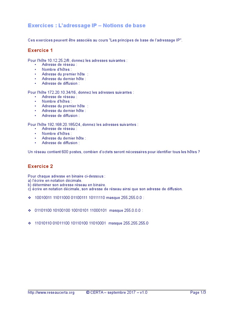 principesBaseIP-exercices - Etudiant | PDF | Adresse IP | Transmission des données