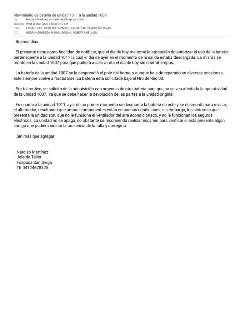 Movimiento de Batería de Unidad 1011 A La Unidad 1007. | PDF