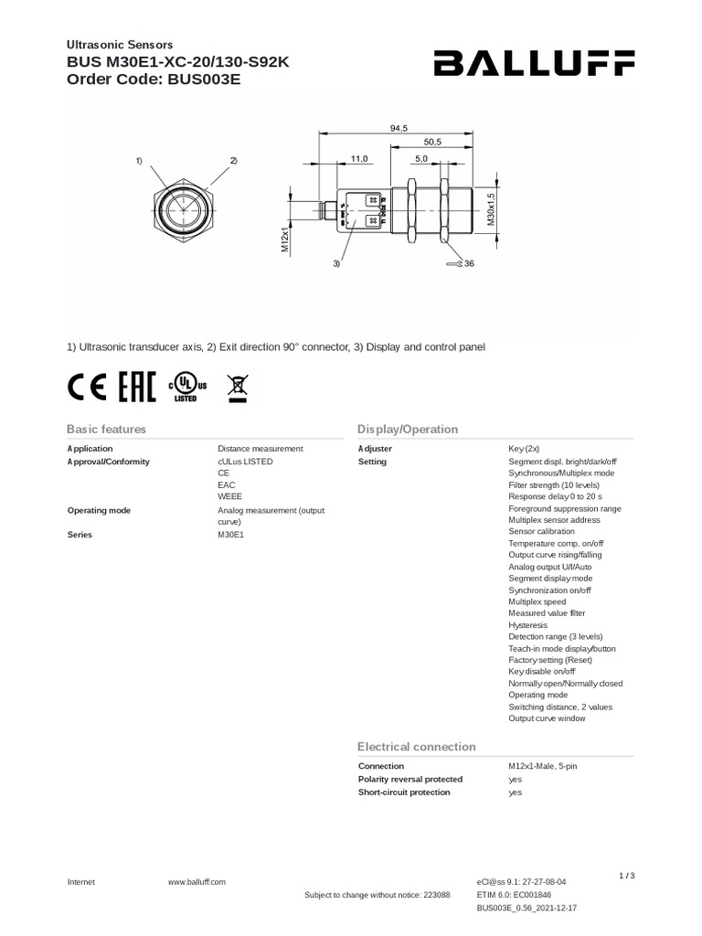 Balluff M30E1 Ultrasonic Sensor Specs | PDF | Sensor | Switch