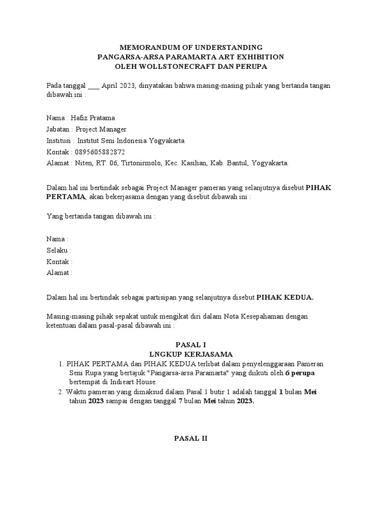 Memorandum of Understanding Seniman-1 | PDF