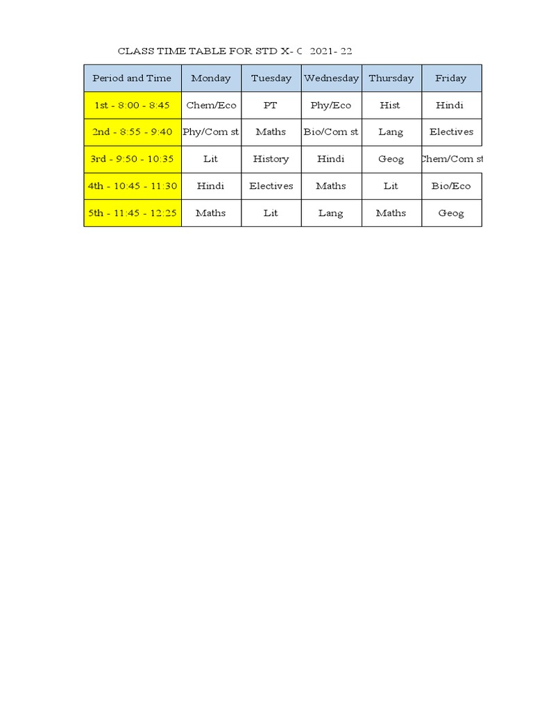 Class Time Table - XLSX - Sheet1 | PDF