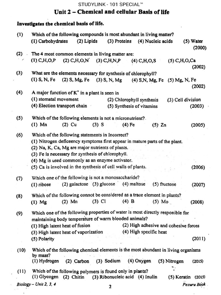 Biology MCQ Past Paper Unit 1 - 2 ; 2000 - 2020 (1) | PDF