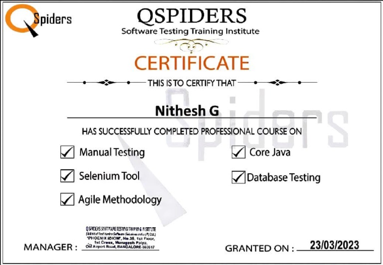 Course Completion Certificate From QSpiders | PDF Course Completion Certificate From QSpiders | PDF