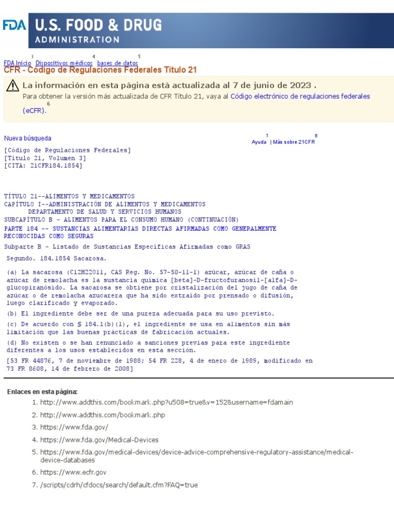 CFR C digo De Regulaciones Federales T tulo 21 PDF Az car Dieta