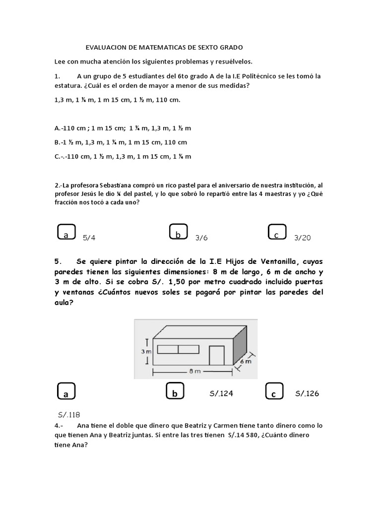 Evaluacion de Matematicas de Sexto Grado 1 | PDF | Matemática Elemental