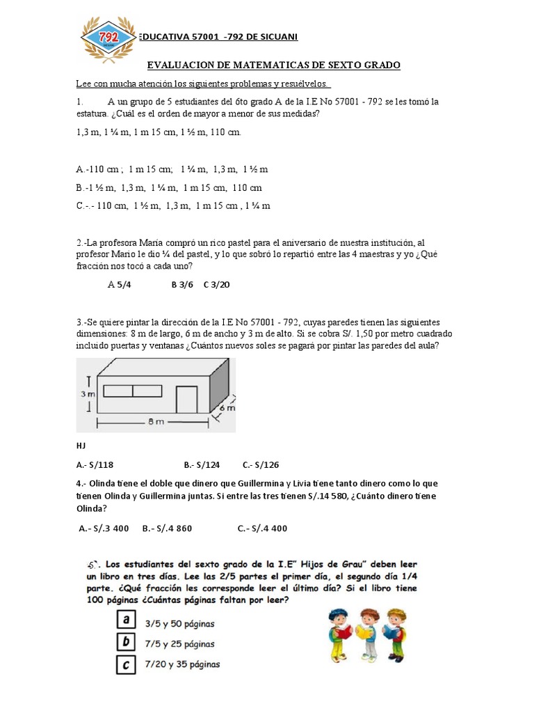 792 2023 Evaluacion de Matematicas de Sexto Grado | PDF