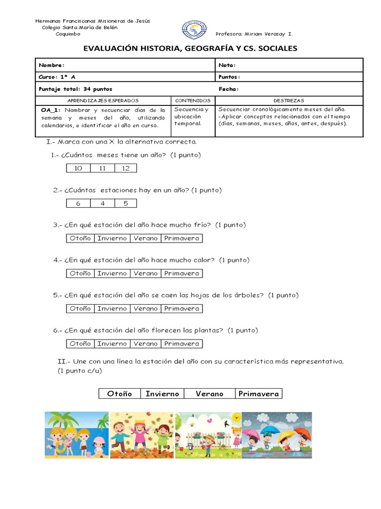 Evaluación Historia Meses Y Estaciones Del Año 1 Básico Pdf