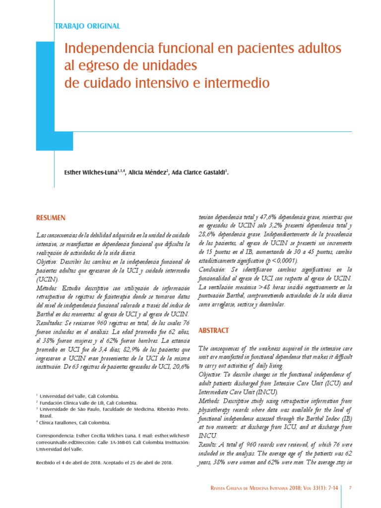 Independencia Funcional en Pacientes Adultos | PDF | Unidad de Cuidados ...