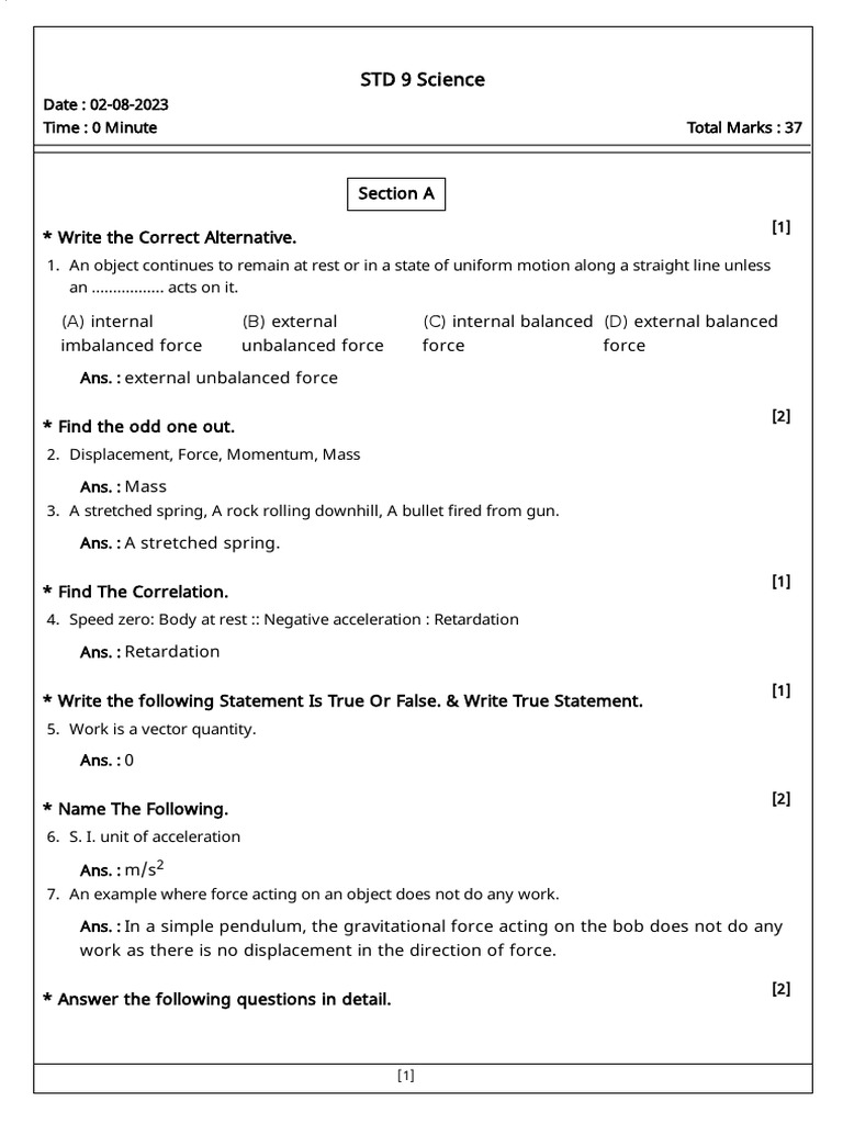 2023 9th Class Solution | PDF | Acceleration | Momentum