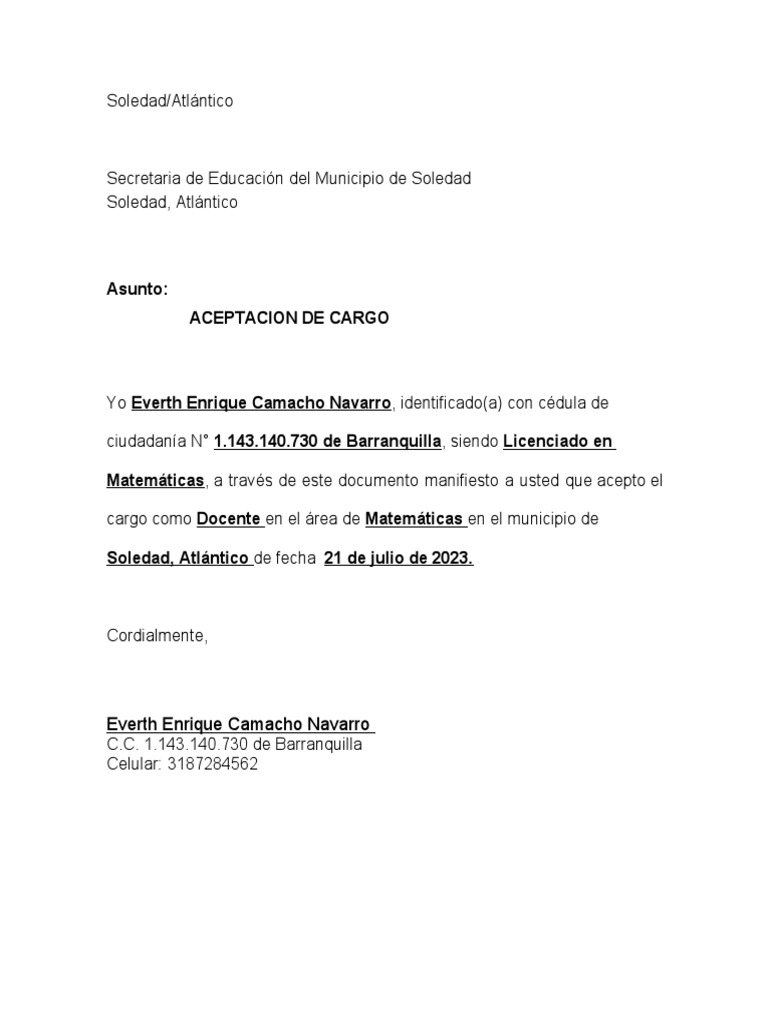 Carta de Aceptacion de Cargo | PDF