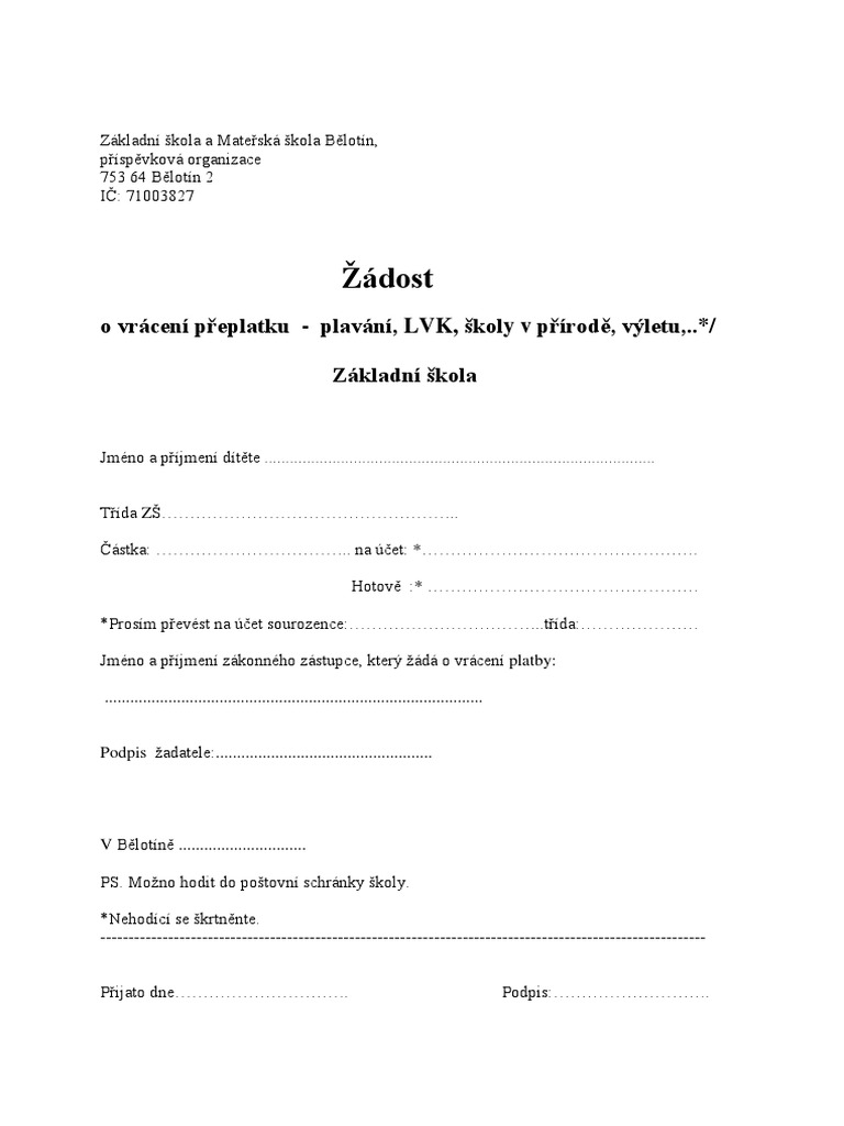 Zadost o Vraceni Preplatku V ZS 2022 | PDF