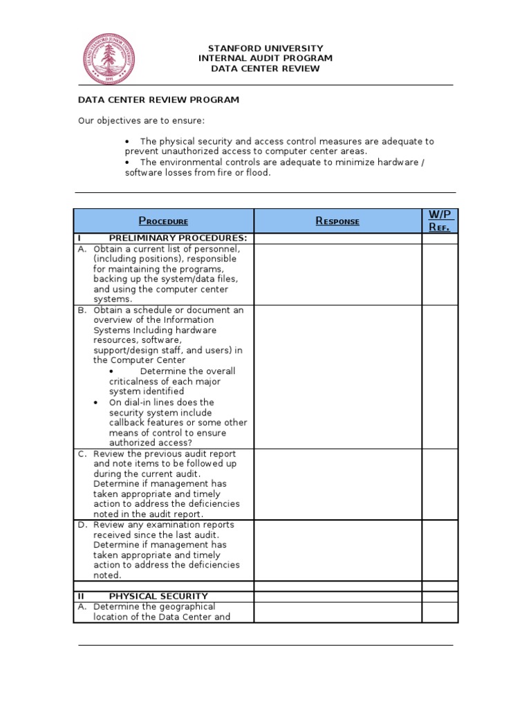 Data Center Review Audit Program | Data Center | Physical Security