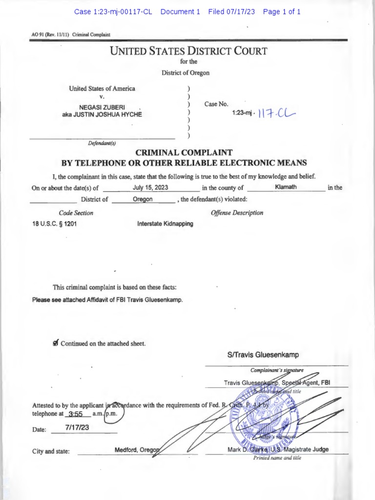 Oregon Criminal Complaint - Negasi Zuberi | PDF | Arrest | Kidnapping