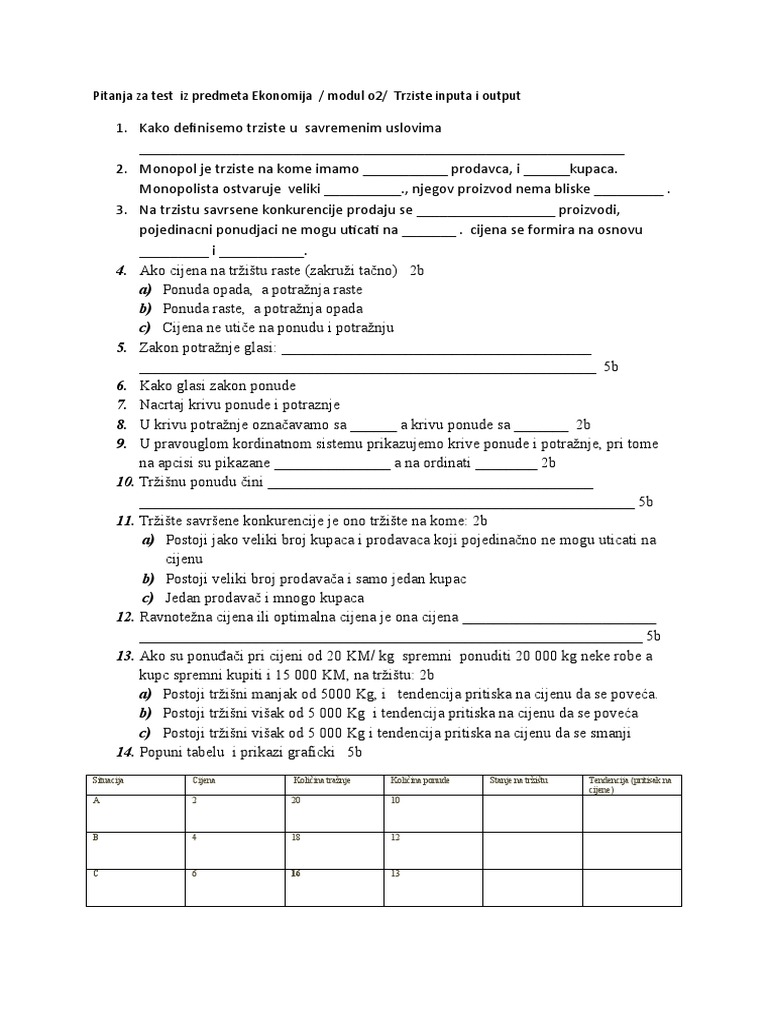 Pitanja Za Test Iz Predmeta Ekonomija | PDF