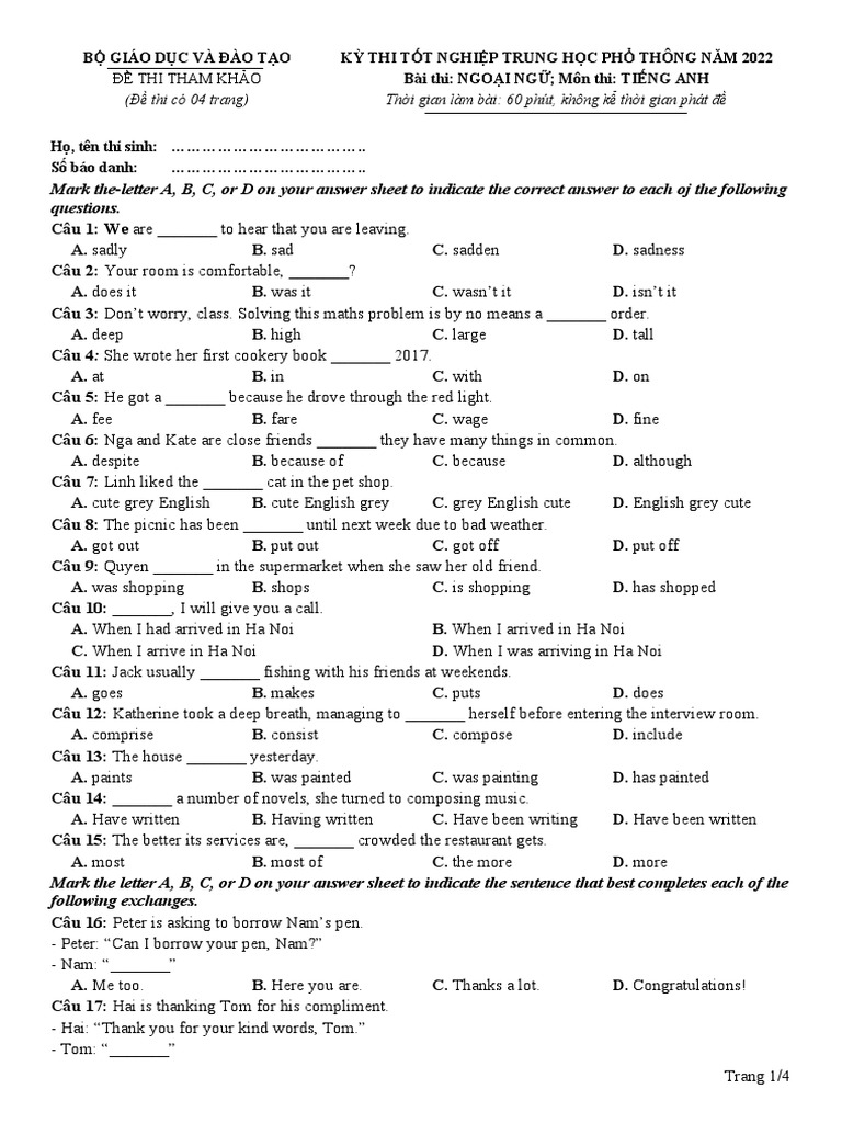 (Sachmoi24h.com) Đề thi tham khảo môn Tiếng Anh 2022 | PDF | Sleep