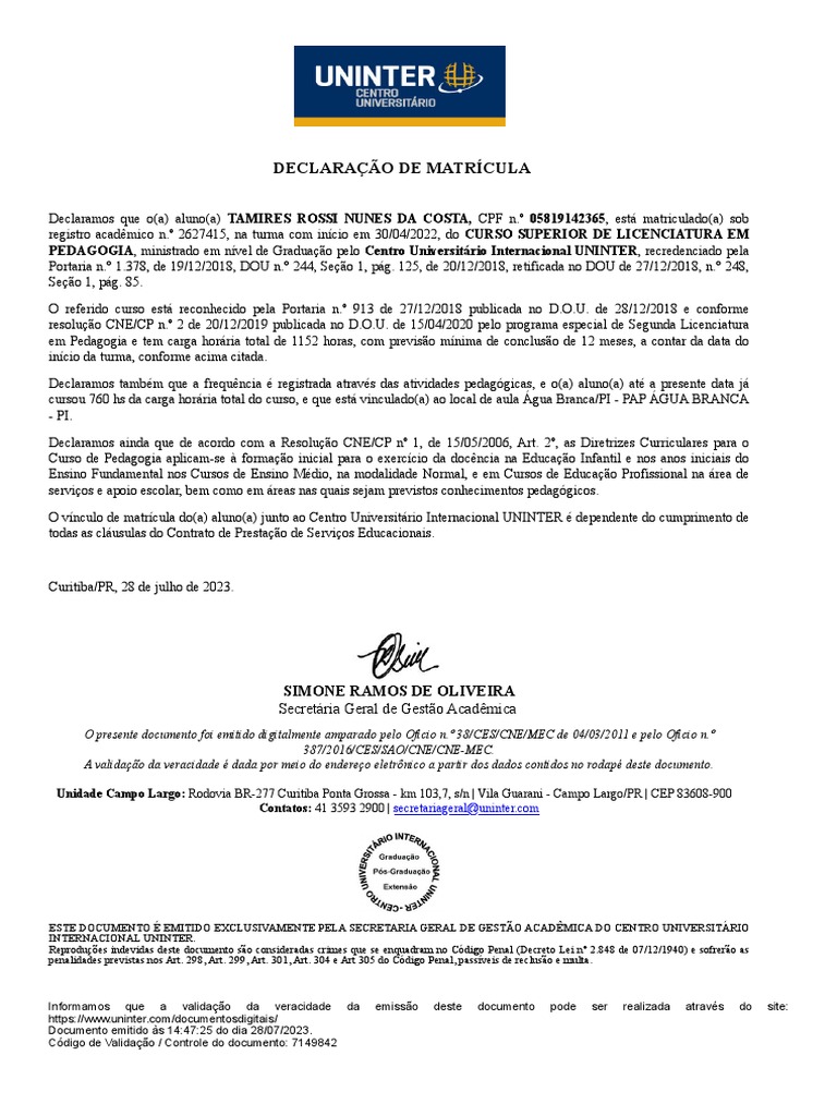 Declaração de Matrícula UNINTER | PDF