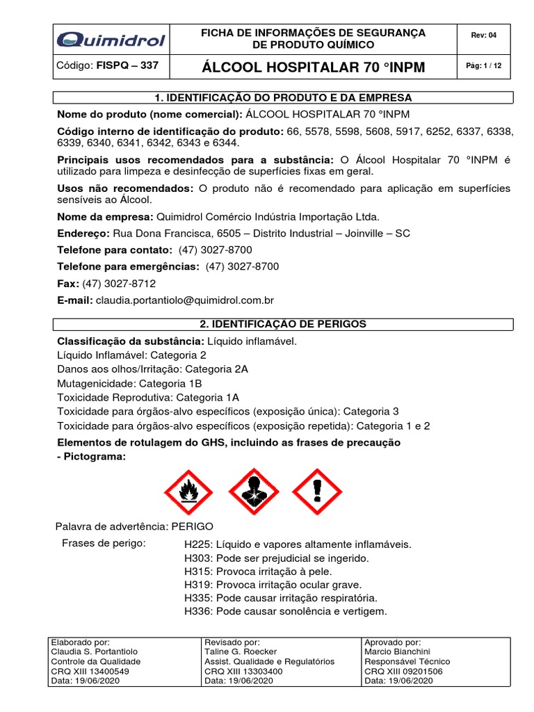 Ficha de Segurança do Álcool 70% INPM | PDF | Desperdício | Cloro