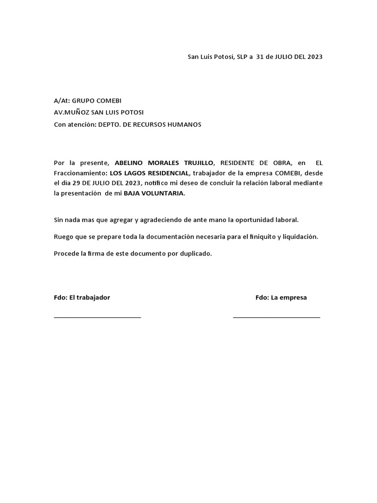 Plantilla Baja Voluntaria B0cc71ad9d.docxf | PDF