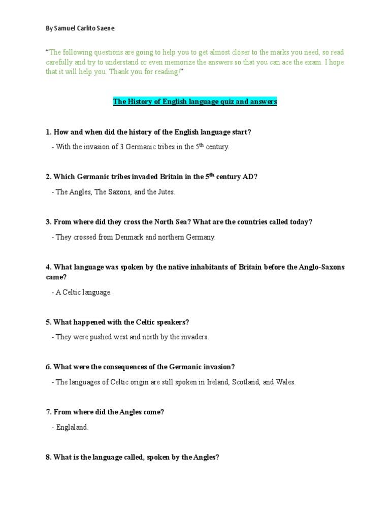 The History of English Language Quiz and Answers-1 | PDF | English ...