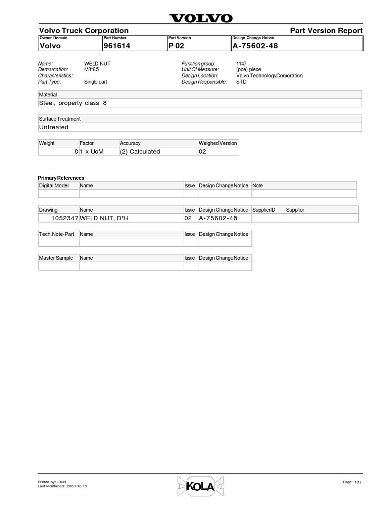 Volvo Truck Corporation Part Version Report Volvo 961614 P02 A-75602-48 ...