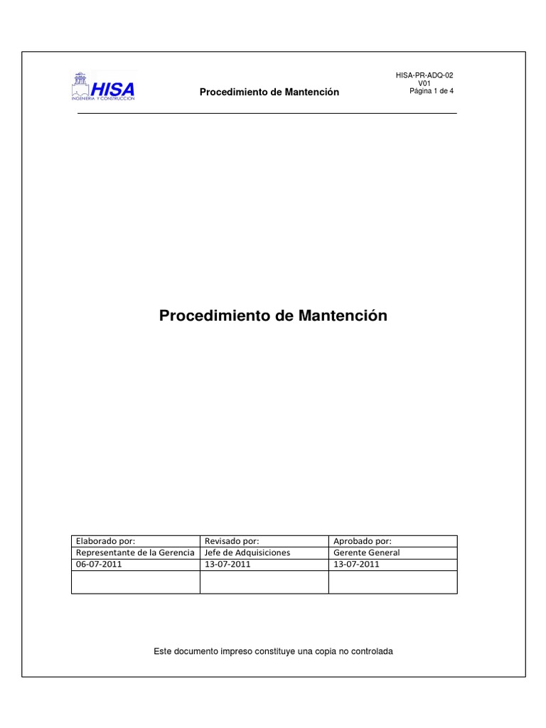 HISA-PR-ADQ-02 - Procedimiento de Mantención | PDF | Calibración