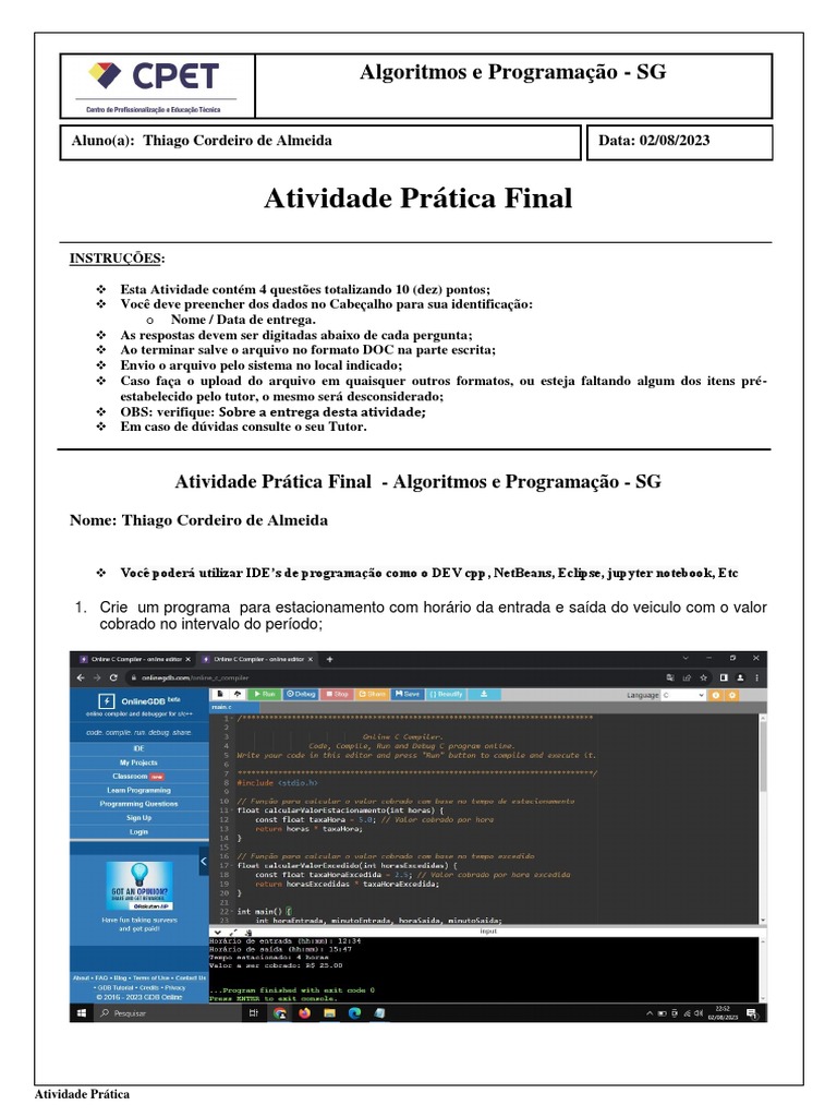 Algoritmos e Programa嘺o - SG ATF- Thiago | PDF | Engenharia da ...