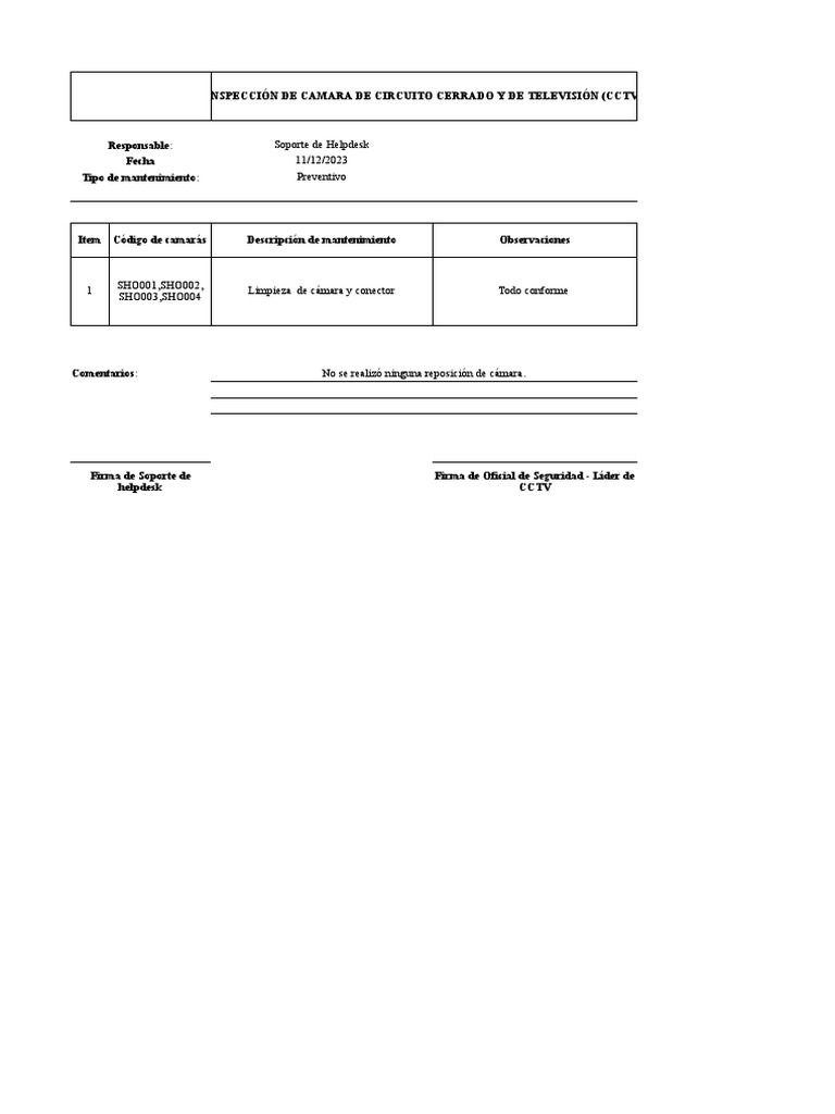 Formato de Inspección Cámaras Prueba | PDF