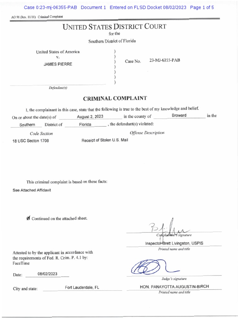 Arrest Affidavit (James Pierre) | PDF | United States Postal Service ...
