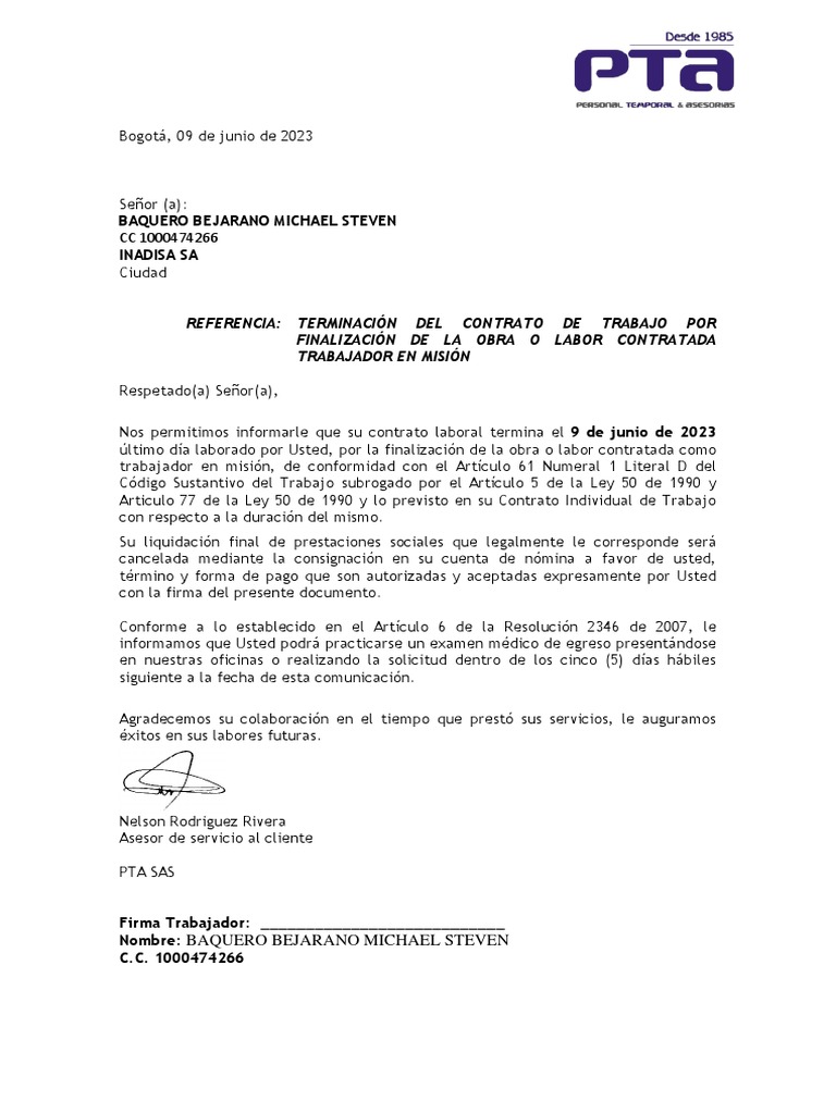 Terminacion de Contrato Obara o Labor BAQUERO BEJARANO MICHAEL STEVEN | PDF