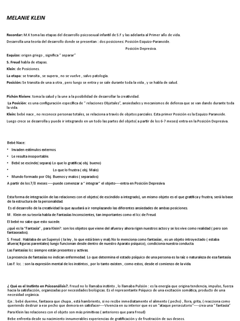 Teoría de Posiciones de Melanie Klein | PDF | Carné de identidad | Teorías psicologicas