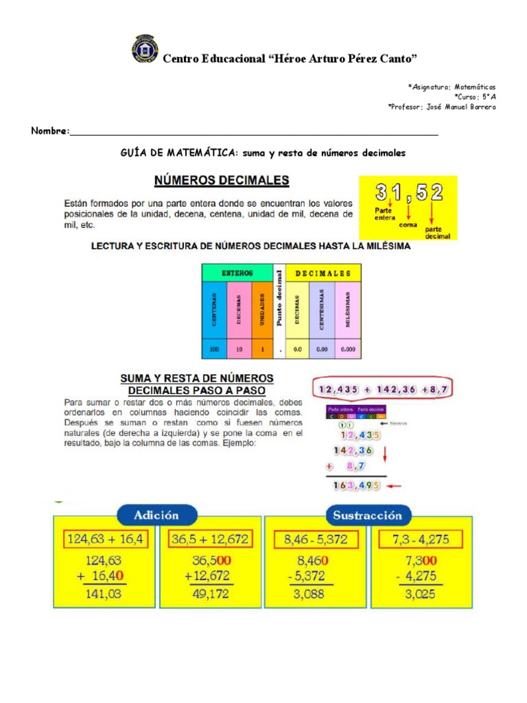 Guia 3 Matematica Suma y Resta Numeros Decimales | PDF