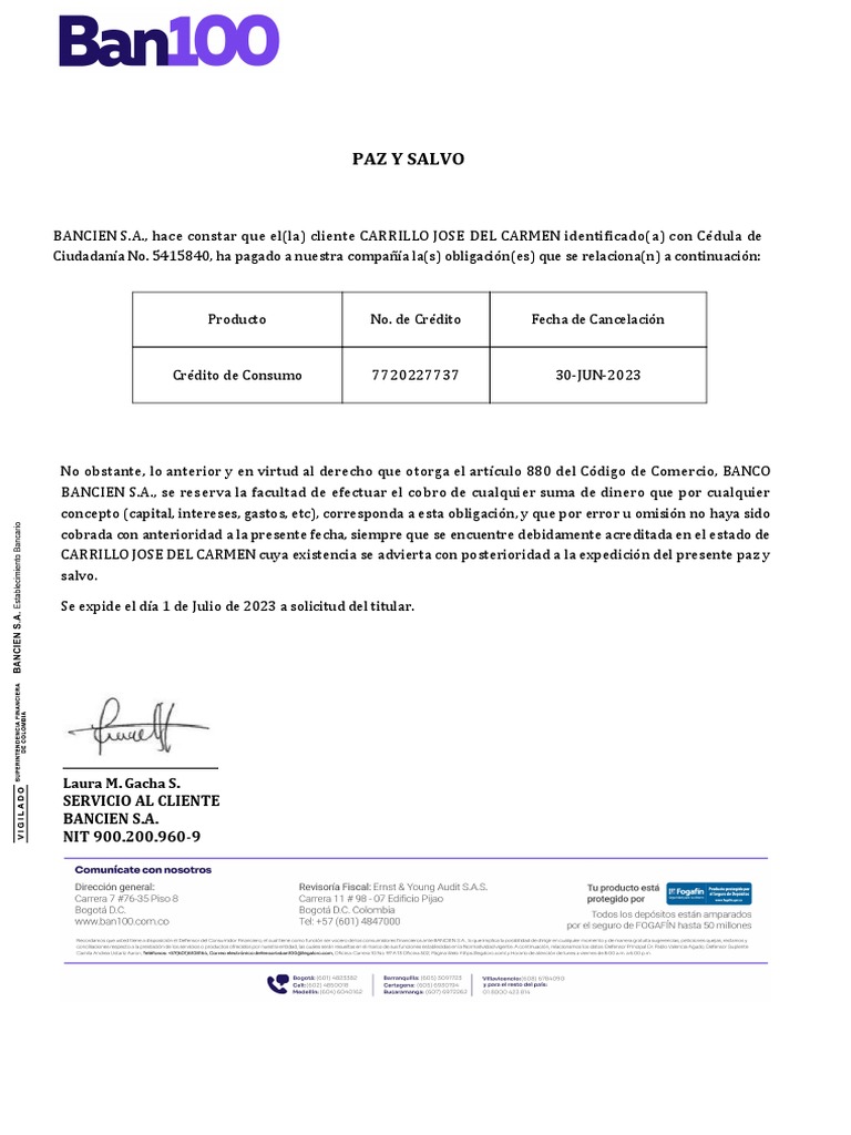 Paz y Salvo Banco 100 | PDF