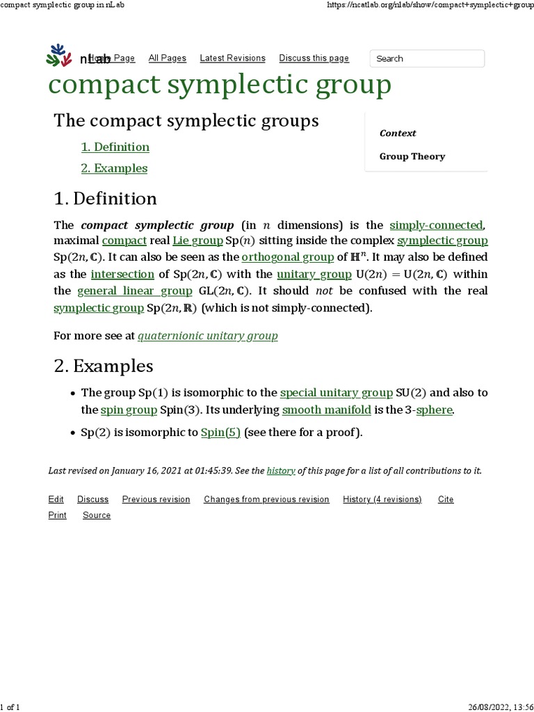 Compact Symplectic Group - Ncatlab | PDF