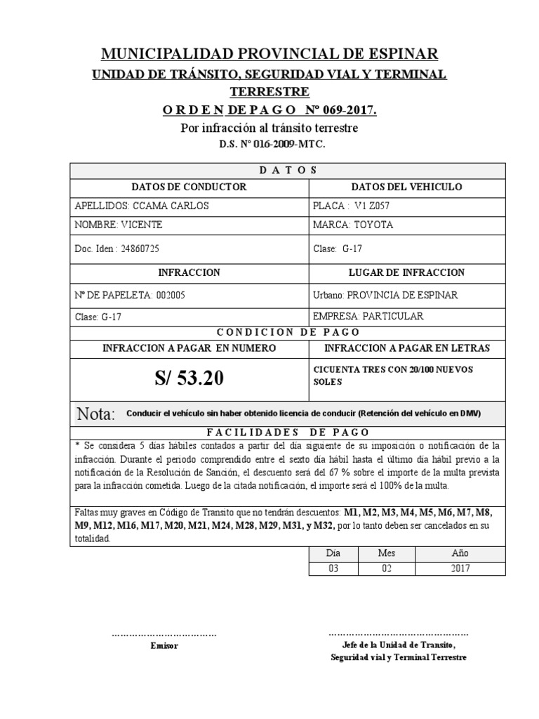 Boleta de Infracción de Tránsito Espinar | PDF | Transporte | Vehículos