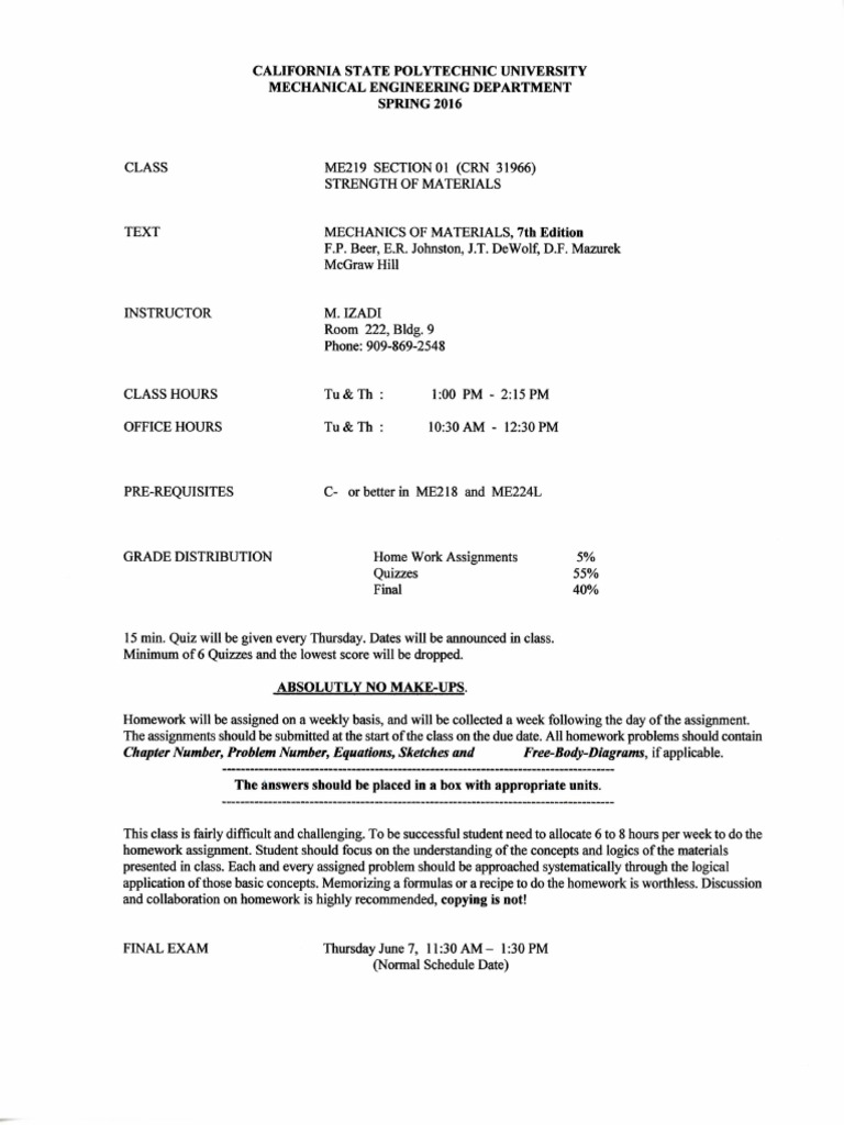 Strength of Materials 2 - Spring 2016 - Syllabus | PDF | Beam (Structure) | Stress (Mechanics)