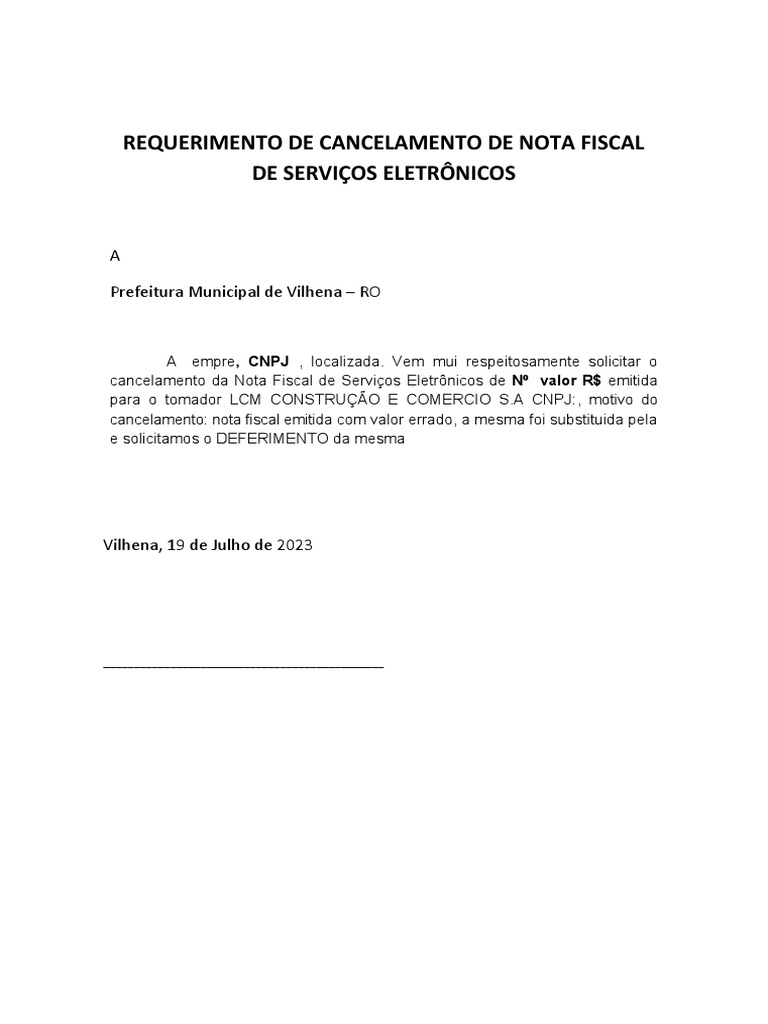 Requerimento de Cancelamento de NF Serviço | PDF