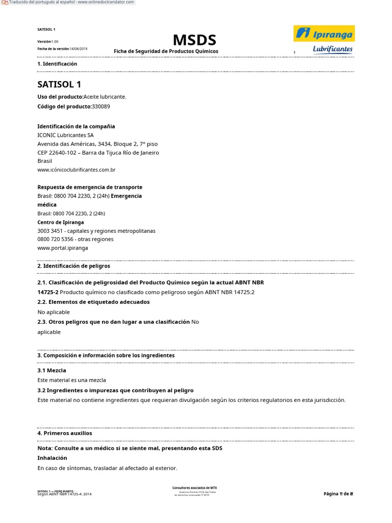 Ficha de Seguridad-Ipiranga Satisol 1 | PDF | Residuos | Solubilidad