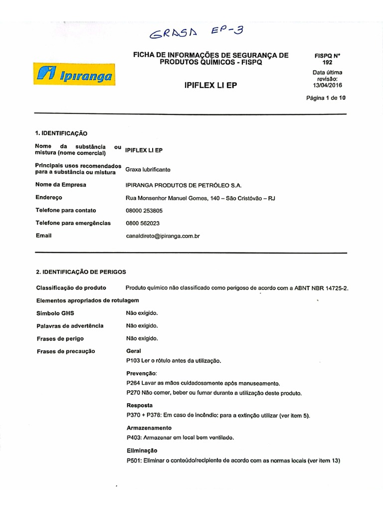 FICHA DE SEGURIDAD - Grasa EP 3 (Ipiflex Li EP) | PDF