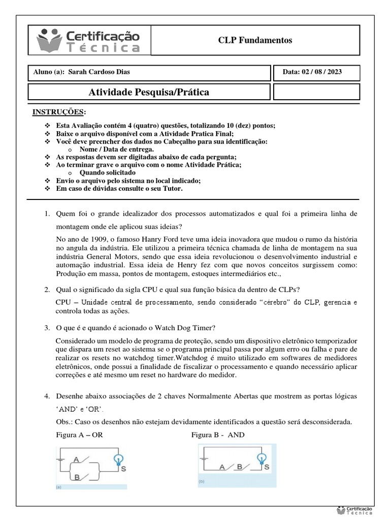 Atividade Pesquisa - Prática - CLP Fundamentos (2) - Sarah Cardoso Dias | PDF