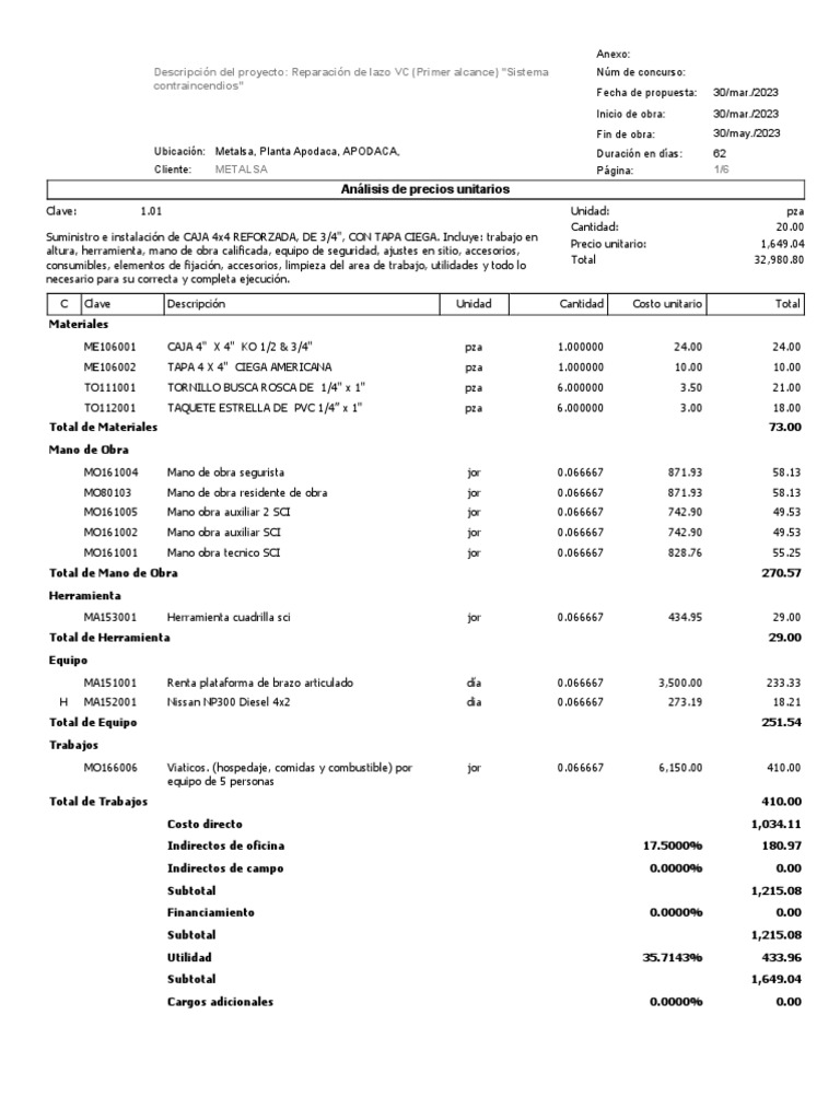 Analisis Precios Unitarios Opus | PDF