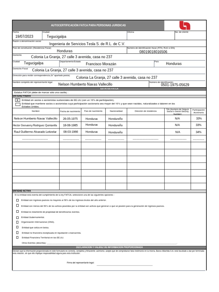 Formulario Auto Certificación FATCA Persona Jurídica | PDF | Honduras ...