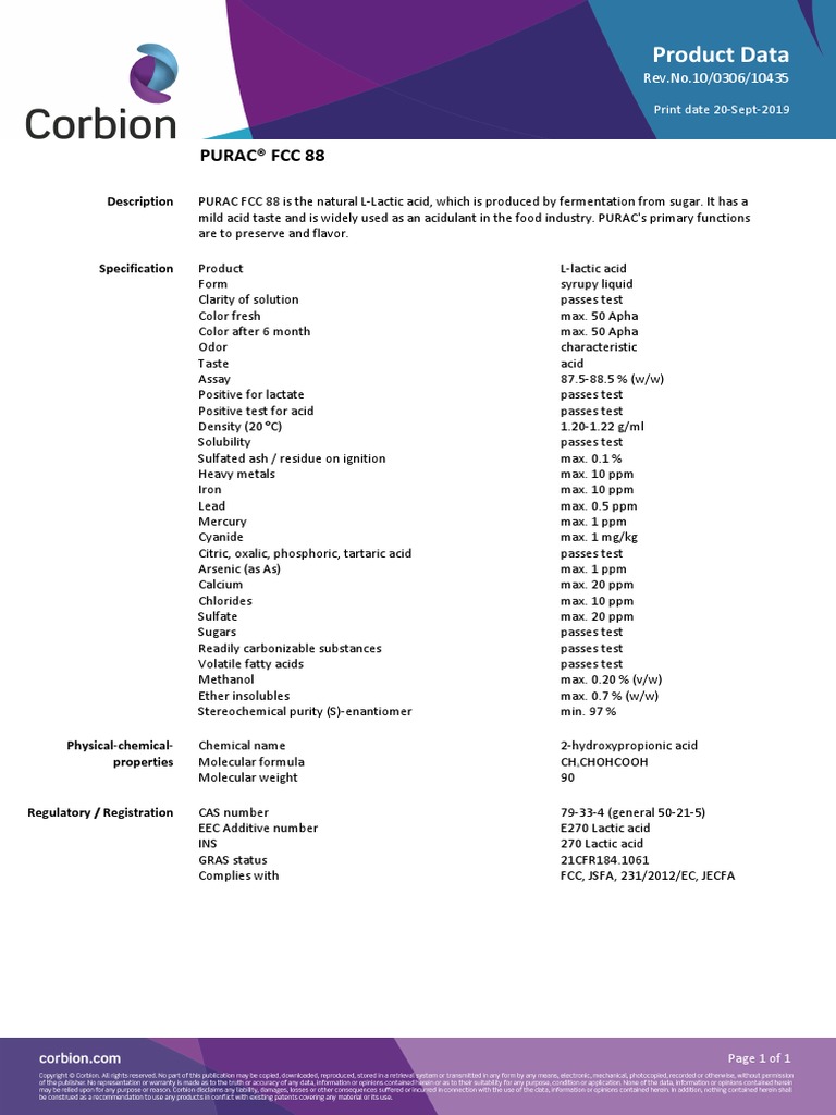 Pds-Purac FCC 88 (0306) | PDF | Lactic Acid | Acid